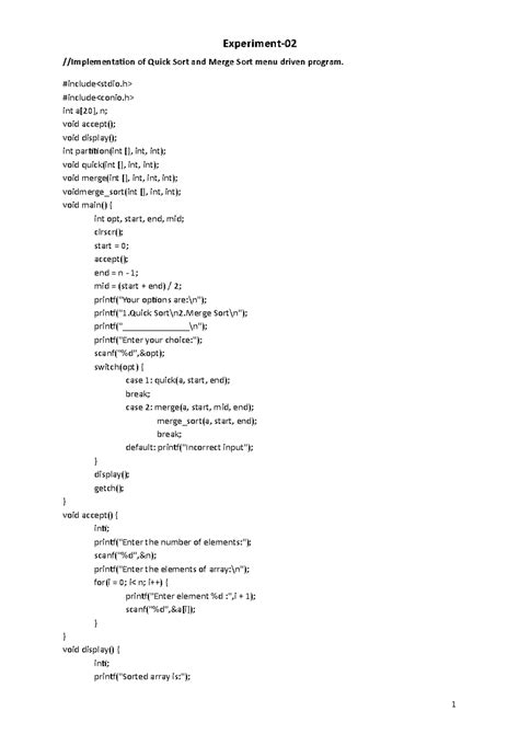 Quick Sort And Merge Sort C Code Experiment 02 Implementation Of