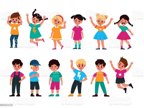 감정적인 아이들 귀여운 소년과 소녀는 두려워하고 행복 울고 슬픈 놀랍고 분개 점프와 화가 표현 벡터 플랫 만화 어린이 캐릭터 컬렉션얼굴 아이에 대한 스톡 벡터 아트 및 기타