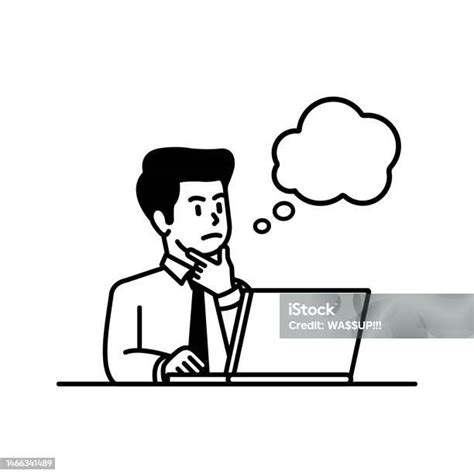 직장에서 컴퓨터 앞에서 자신의 고민과 사물을 생각하는 사업가의 삽화 걱정하는에 대한 스톡 벡터 아트 및 기타 이미지 걱정하는 결심 계획 Istock