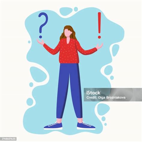 질문과 답변 밝은 옷과 긴 머리를 한 현대 여성 물음표와 느낌표 생각하는 젊은이 소녀 문제 및 솔루션 개념 딜레마와 이해 벡터 평면 그림입니다 고립된 배경입니다 개념에 대한