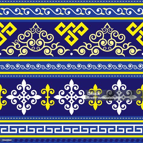 모노골리아와 중앙 아시아의 민속 예술에서 영감을 얻은 완벽한 동양 벡터 패턴 노란색과 네이비 블루의 전통적인 섬유 또는 직물 인쇄 디자인 패턴에 대한 스톡 벡터 아트 및