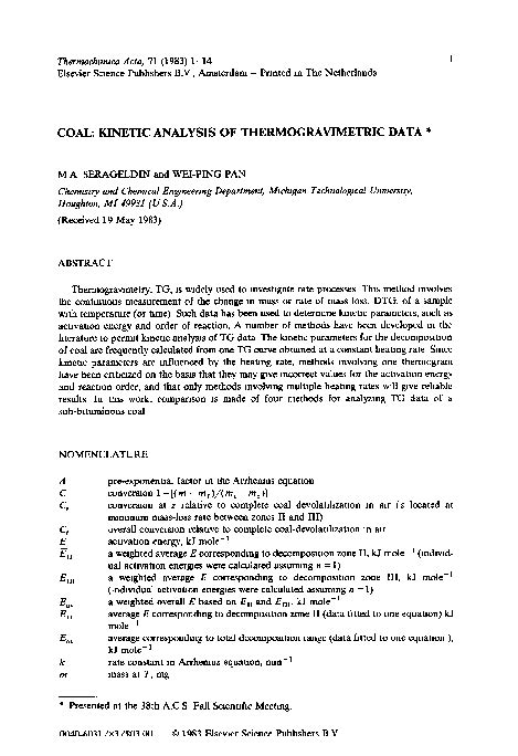 Pdf Coal Kinetic Analysis Of Thermogravimetric Data