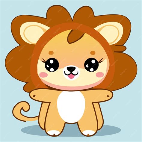 귀여운 사자 마스코트 손으로 그린 만화 스티커 아이콘 개념 격리된 그림 프리미엄 벡터