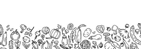 맛있는 야채 정원 과일 식용 식품 식물 지속적인 원활한 그림 가장자리의 아래쪽 테두리입니다 손으로 그린 윤곽선 단색 그림 흰색 배경에 고립되어 있습니다 벡터 가장자리에 대한