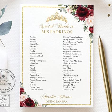 Burgundy Blush Floral Quinceañera Padrinos List Printable Etsy