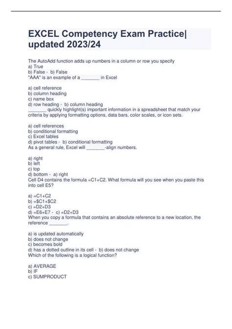 Excel Competency Exam Practice Updated 202324 Excel Competency
