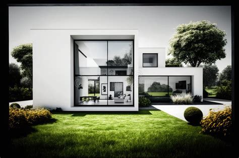 Exterior Modern White Cubic Villa With Big Windows And Garden Ai