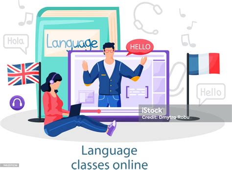 온라인 인터넷 언어 코스 컴퓨터를 사용하여 집에서 외국어 공부 원격 수업 개념에 대한 스톡 벡터 아트 및 기타 이미지 개념 교사 교육 관련 직업 교실 Istock