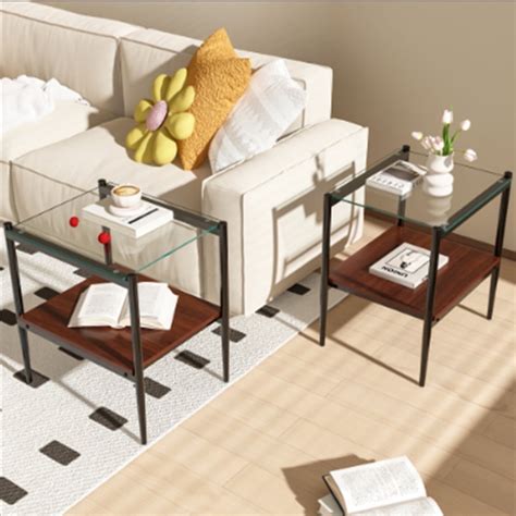 Kehomy Set Of 2 Rectangle End Table Tempered Glass Tabletop With Mdf