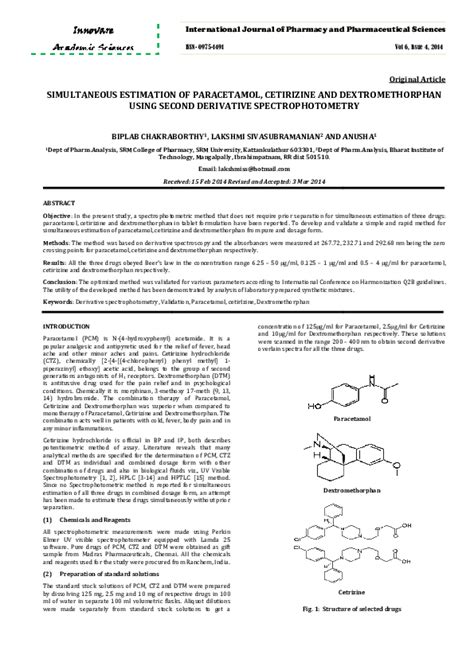 Pdf Simultaneous Estimation Of Paracetamol Cetirizine And Dextromethorphan Using Second