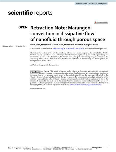 Pdf Retraction Note Marangoni Convection In Dissipative Flow Of Nanofluid Through Porous Space