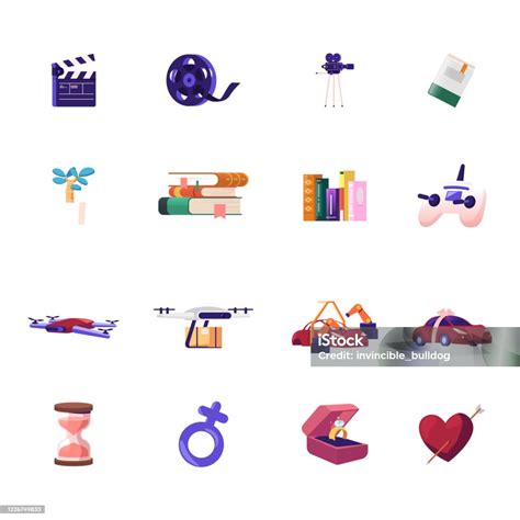 아이콘 세트 클래퍼 카메라 영화와 책 식물 조이스틱과 무인 항공기 로봇 팔 자동차 공장 및 모래 시계 금성 기호 약혼 반지와 흰색 배경에 고립 된 마음 만화 일러스트 차에