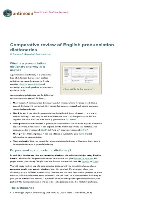 Comparative Review Of English Pronunciation Dictionaries Antimoon Pdf Linguistics Human