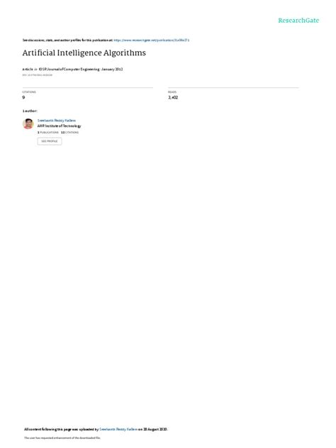 Artificial Intelligence Algorithms Iosr Journal Of Computer Engineering January 2012 Pdf