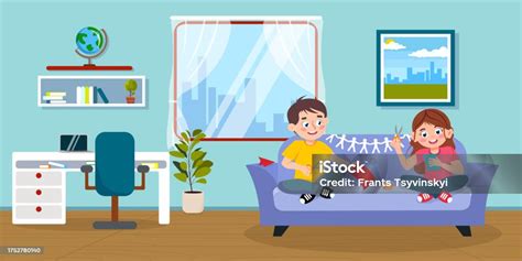 종이 비행기를 만드는 귀여운 아이들의 벡터 그림 웃고 있는 소년과 소녀가 소파에 앉아 흰색 배경에 고립된 종이비행기를 잘라내는 만화 장면 개념에 대한 스톡 벡터 아트 및