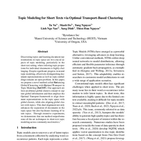Topic Modeling For Short Texts Via Optimal Transport Based Clustering