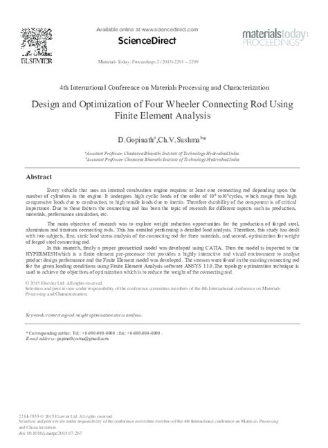 Pdf Design And Optimization Of Four Wheeler Connecting Rod Using Finite Element Analysis