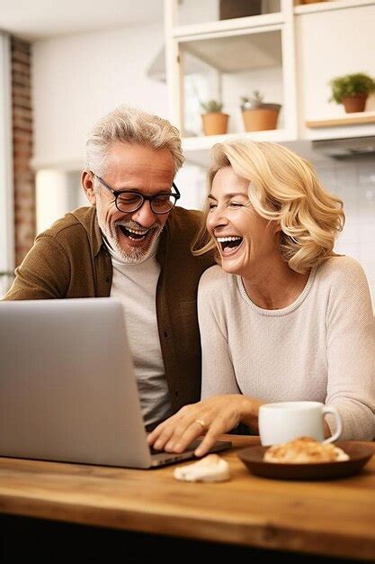A Man And A Woman Laughing While Looking At A Laptop Premium AI Generated Image