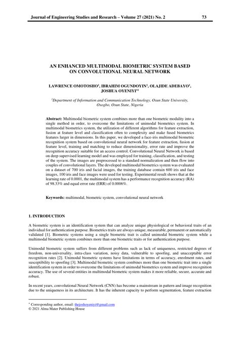 Pdf An Enhanced Multimodal Biometric System Based On Convolutional Neural Network