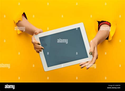Female Teen Hands Using Tablet Pc With Black Screen Isolated Stock Photo Alamy