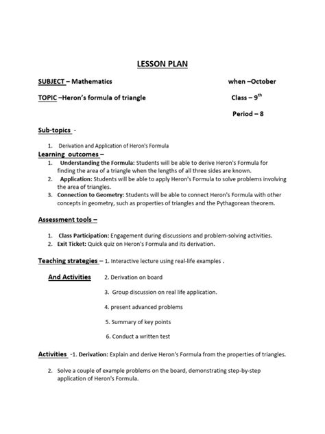 Herons Formula Lesson Plan For Class 9 Pdf