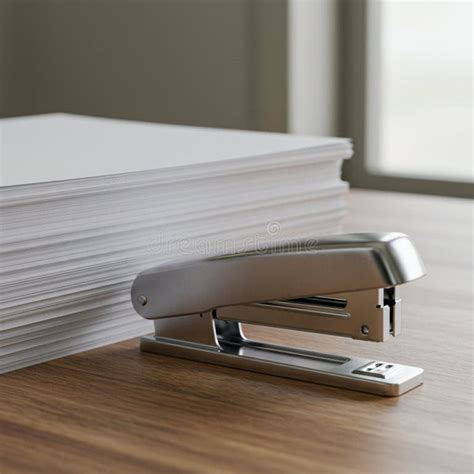 A Silver Metallic Stapler Sits On A Wooden Desk Beside A Large Stack Of