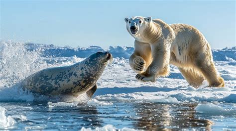 Polar Bear Is Hunting A Seal Jumping Out Of The Water On Ice Floe