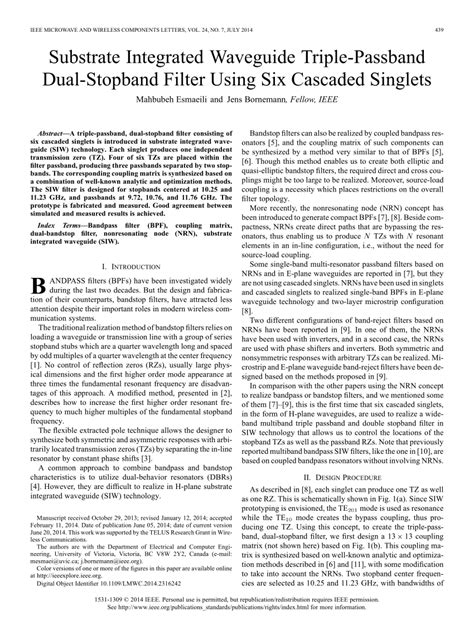 Pdf Substrate Integrated Waveguide Triple Passband Dual Stopband Filter Using Six Cascaded