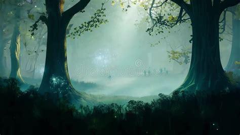Blue Fireflies Are Flying In A Fantasy Forest With A Ray Of Light Illuminating The Fog Stock