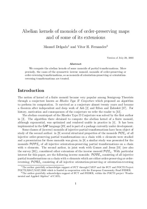 Pdf Abelian Kernels Of Monoids Of Order Preserving Maps And Of Some