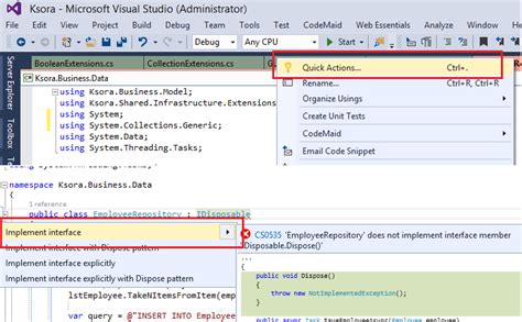 Where Is Implement Interface Context Menu Item In Visual Studio 2015