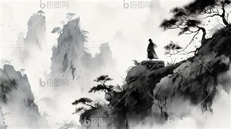 国风水墨山水侠客壁画插画图片 包图网
