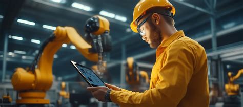 Engineer Controlling Robotic Arms In A Smart Factory Using A Tablet