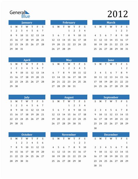 2012 Yearly Calendar