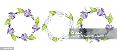 크로커스 은방울꽃 프레임 화환 로고 템플릿의 세트 배경에 고립되어 있습니다 봄과 부활절 수채화 식물 배너입니다 손으로 그린
