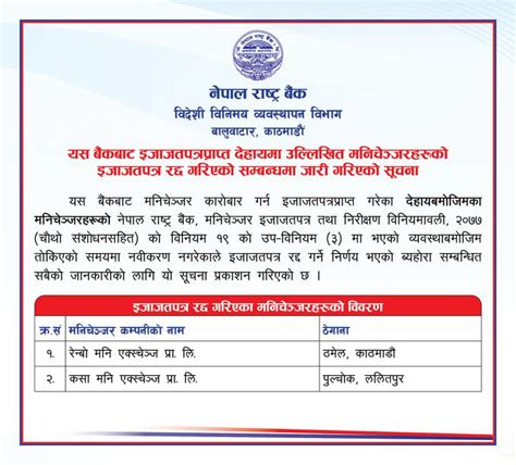 राष्ट्र बैंकद्वारा दुई मनि एक्स्चेन्ज कम्पनीको इजाजतपत्र खारेज