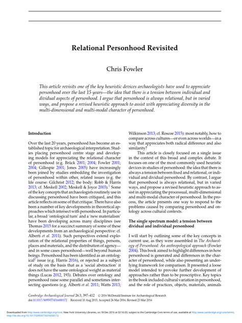 Fowler Chris Relational Personhood Revisited Cambridge Archaeological Journal Pdf