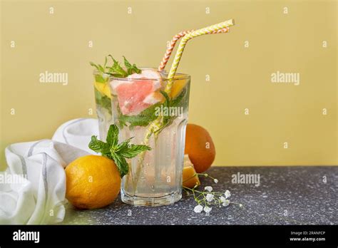 Tropical Non Alcoholic Cocktails With Citrus Fruits And Strawberries