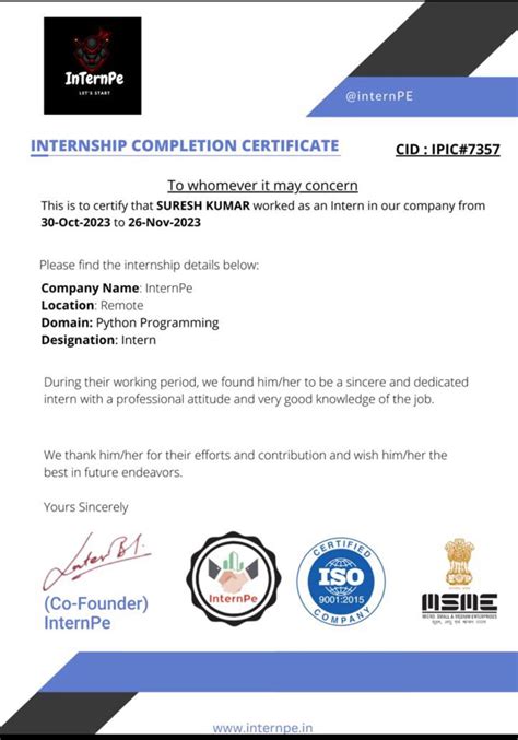 Internpe Internshipcompletion Pythonprogramming Suresh Kumar