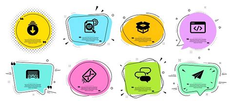 상자를 열고 서 스크립트와 아래로 스크롤 아이콘 세트 종이 비행기 서 통계 및 주차장 표지판 벡터 공연에 대한 스톡 벡터 아트 및 기타 이미지 Istock