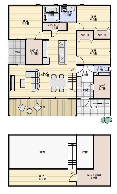おしゃれなロフトのある平屋の間取り図 平屋間取り 平屋 間取り 間取り 中庭のある家 平屋