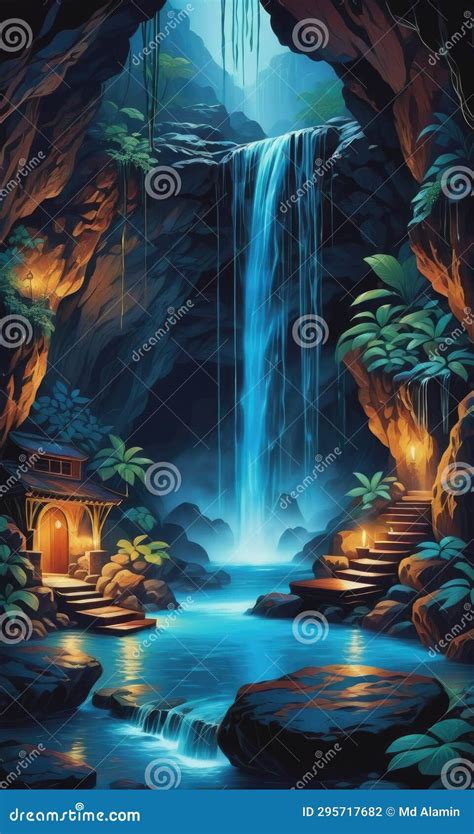 Imposing Subterranean Spa Wet Cave Cascading Waterfall And The Serene Blue Illumination