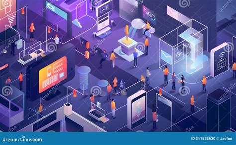 Vector Isometric Illustration Of Data Center With People In Ultraviolet Light Stock