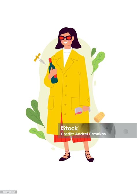 노란 망토에 와인 한 잔과 병을 들고 있는 소녀의 그림 여자는 휴일을 축하했다 즉석에서 밤새 도록 즐거운 시간을 보내고 있습니다