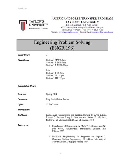 Engineering Problem Solving Engr 196 Credit Hours Class Hours