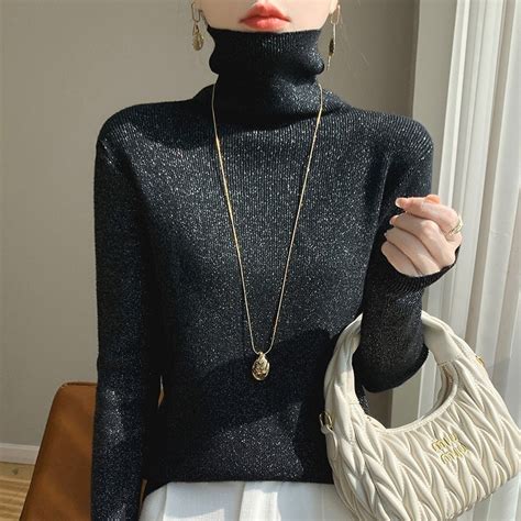 臻贵亮闪金银打底衫女内搭上衣2023 高领毛衣堆堆羊毛衫大码内搭