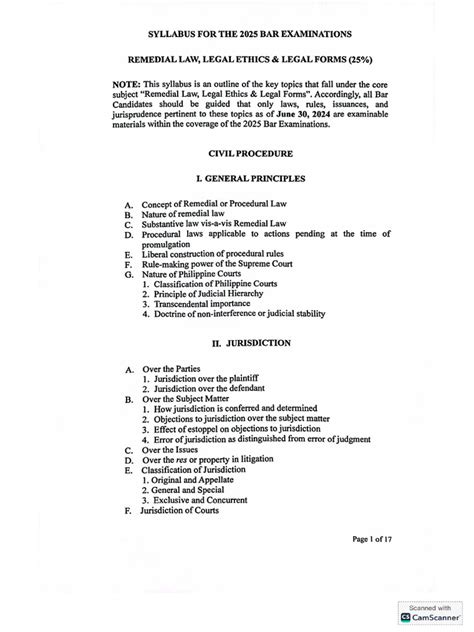Syllabus For The 2025 Bar Examination Pdf