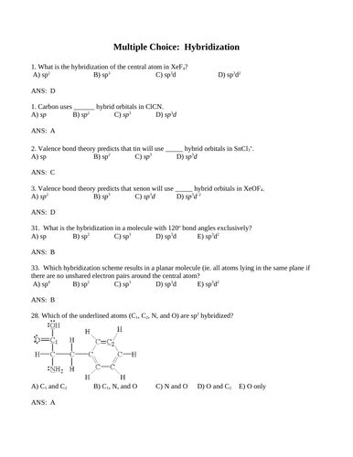 Atom Hybridization Multiple Choice Grade 12 Chemistry With Answers 13 Pgs Teaching Resources