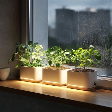 Smart Windowsill Plant Growth System With Light And Water Monitoring Stock Illustration