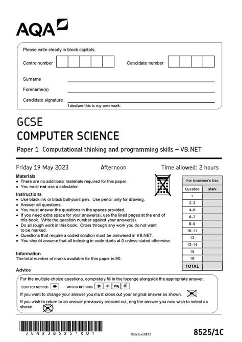 Aqa Gcse Computer Science Paper 1 2023 85251c Computational Thinking And Programming Skills